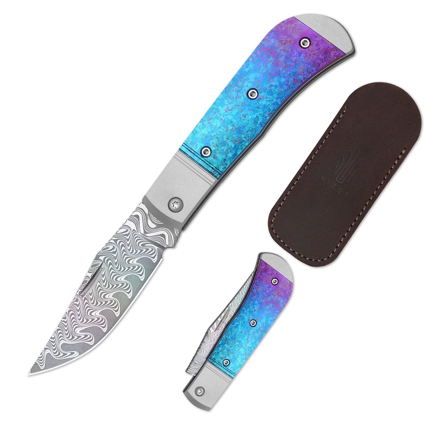 Trestle 2.9 inch Rainbow Damascus Aluminum & Crystallized Titanium ...